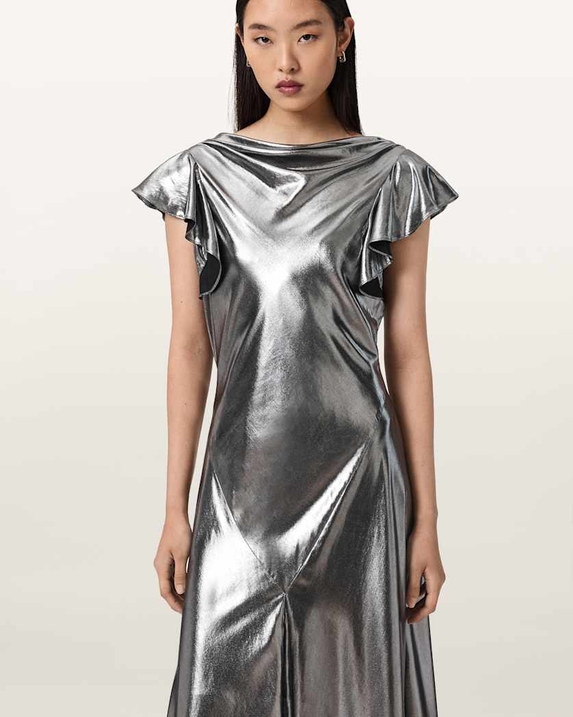 Flora Metallic Maxi Dress Metallic Silver | ALLSAINTS